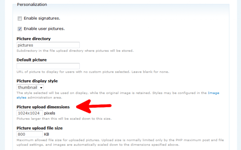 How to set the max user image dimensions in Drupal 7 | InMotion Hosting