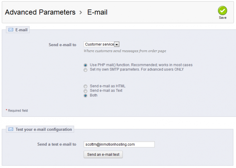 Modifying advanced parameters for email in PrestaShop 1.5 | InMotion Hosting