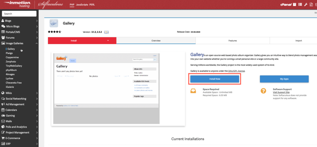 Setting Up Gallery from Softaculous | InMotion Hosting
