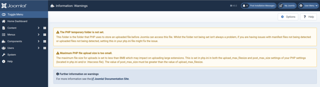 Fixing the Small PHP Maximum Post Size Warning in Joomla 4